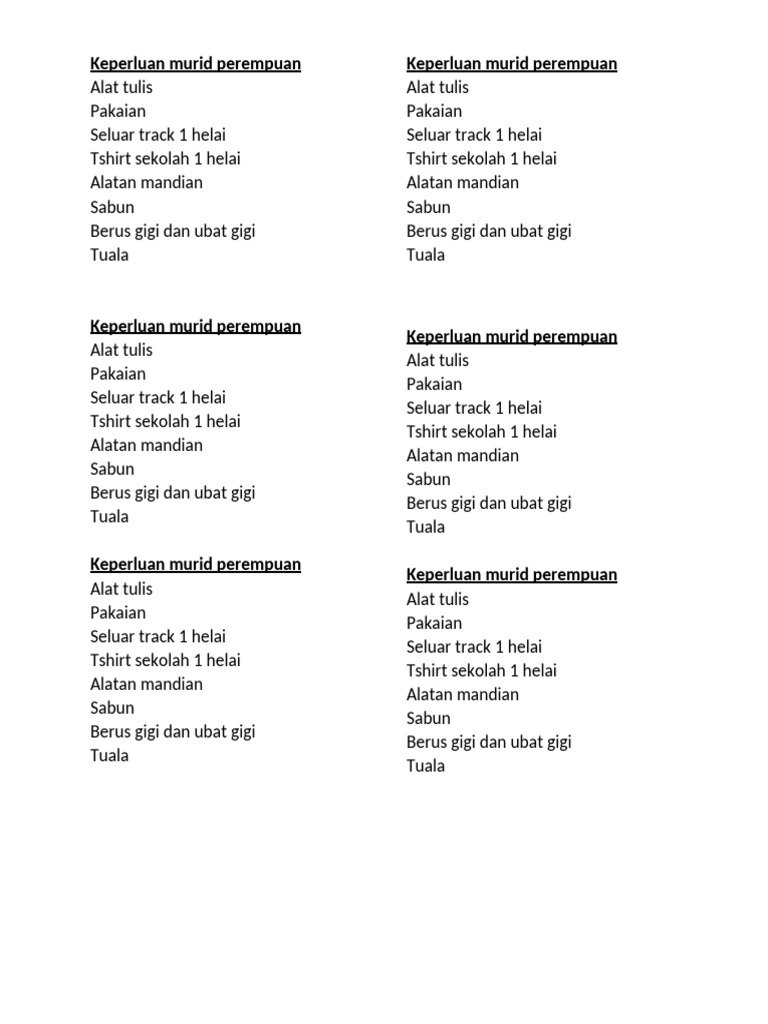 Keperluan Murid Perempuan | PDF