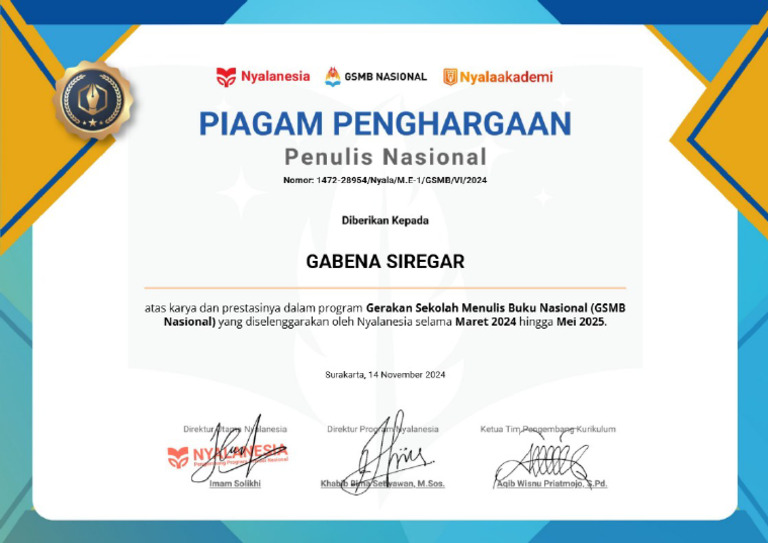 Gabena Siregar - Piagam Penulis Nasional GSMB 2024 - 11zon | PDF