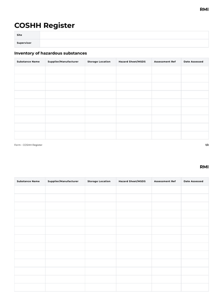 Form Coshh Register | PDF
