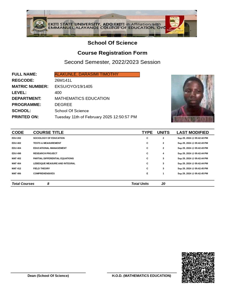 Alakunle Darasimi Timothy 2022 2023 Second Semester Course Form | PDF