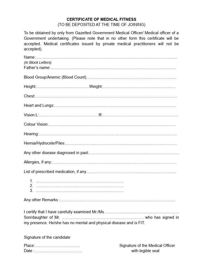 Medical Fitness Certificate Template | PDF