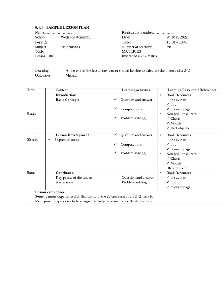 8-4-4 Sample Lesson Plan (Normal Lesson) | PDF | Matrix (Mathematics ...