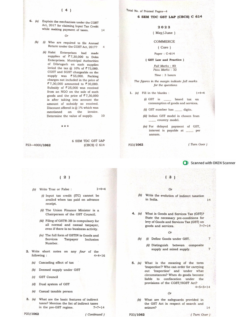6th Sem GST Law and Practice Questions Paper | PDF