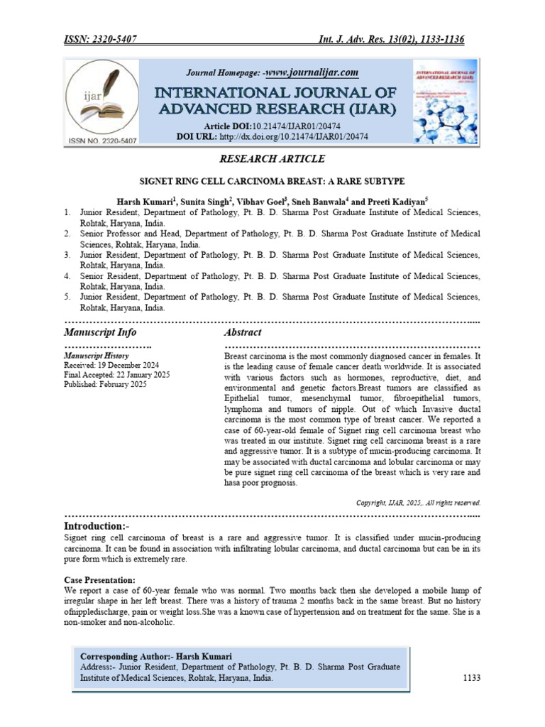 Signet Ring Cell Carcinoma Breast: A Rare Subtype | PDF | Breast Cancer ...