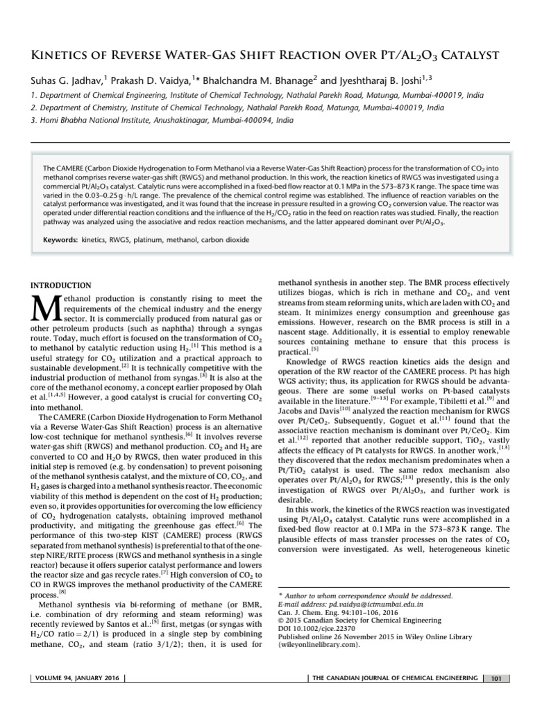 Can J Chem Eng - 2015 - Jadhav - Kinetics of Reverse Water Gas Shift Reaction Over PT Al2O3 ...