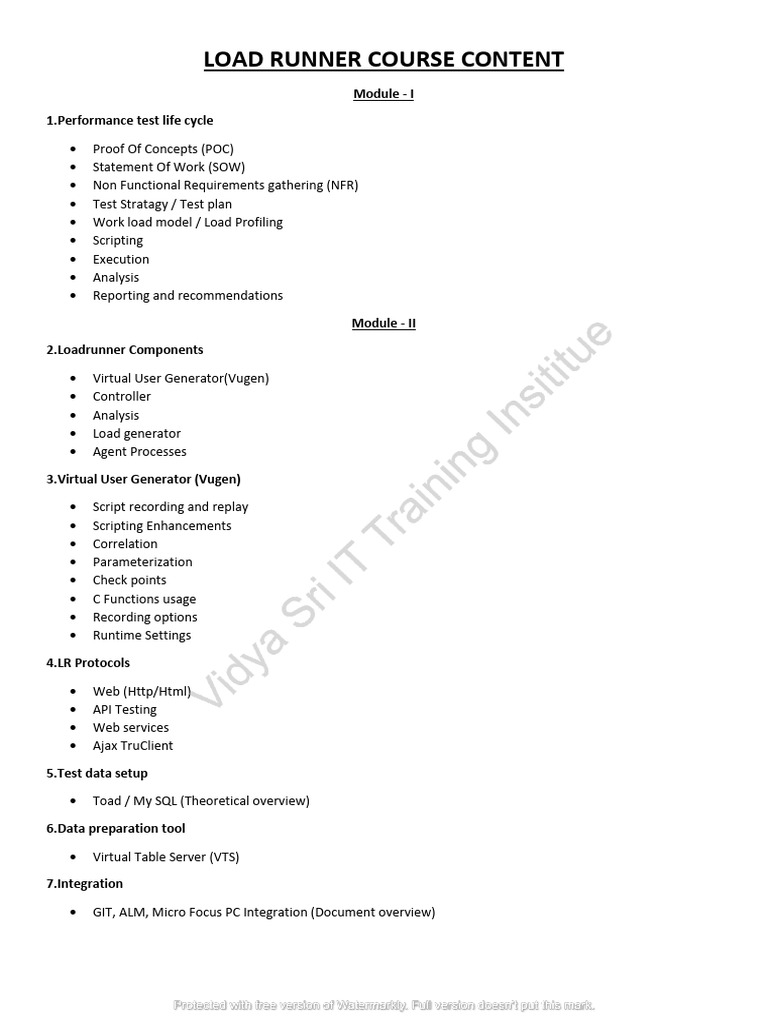 PT Loadrunner Course Content | PDF