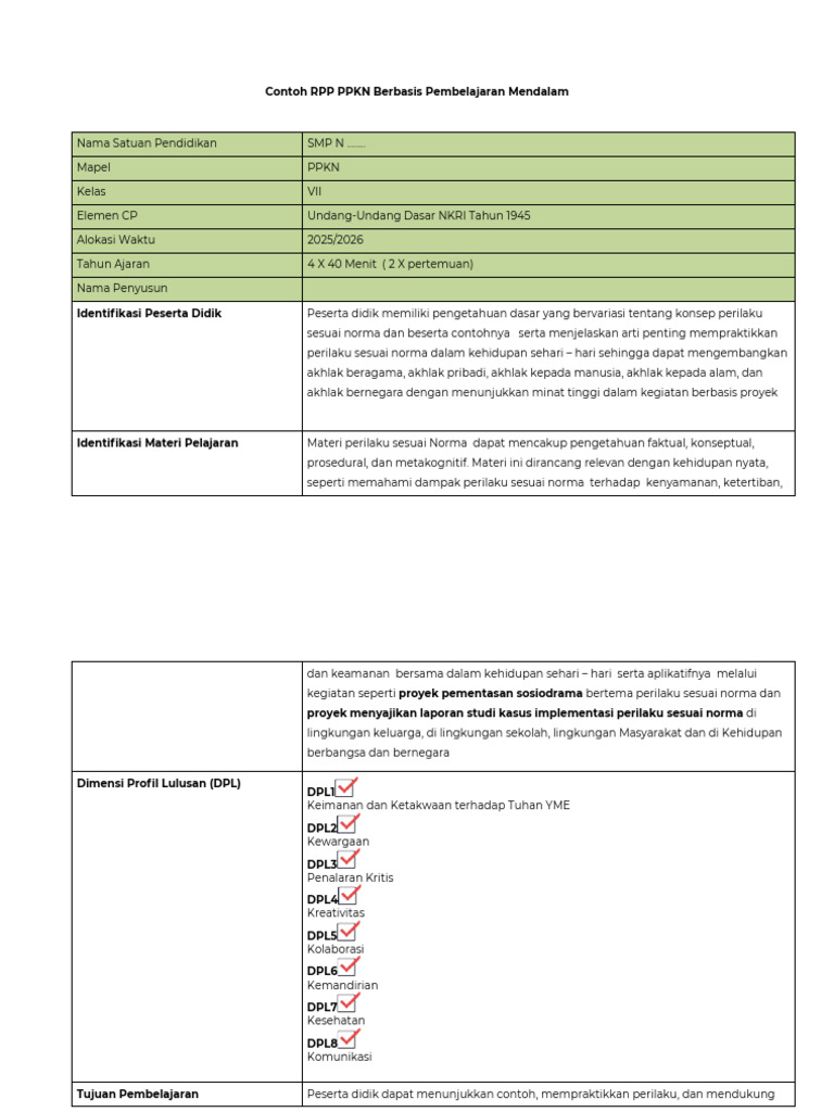 RPP Deep Learning Mapel P. Pancasila Fase D | PDF