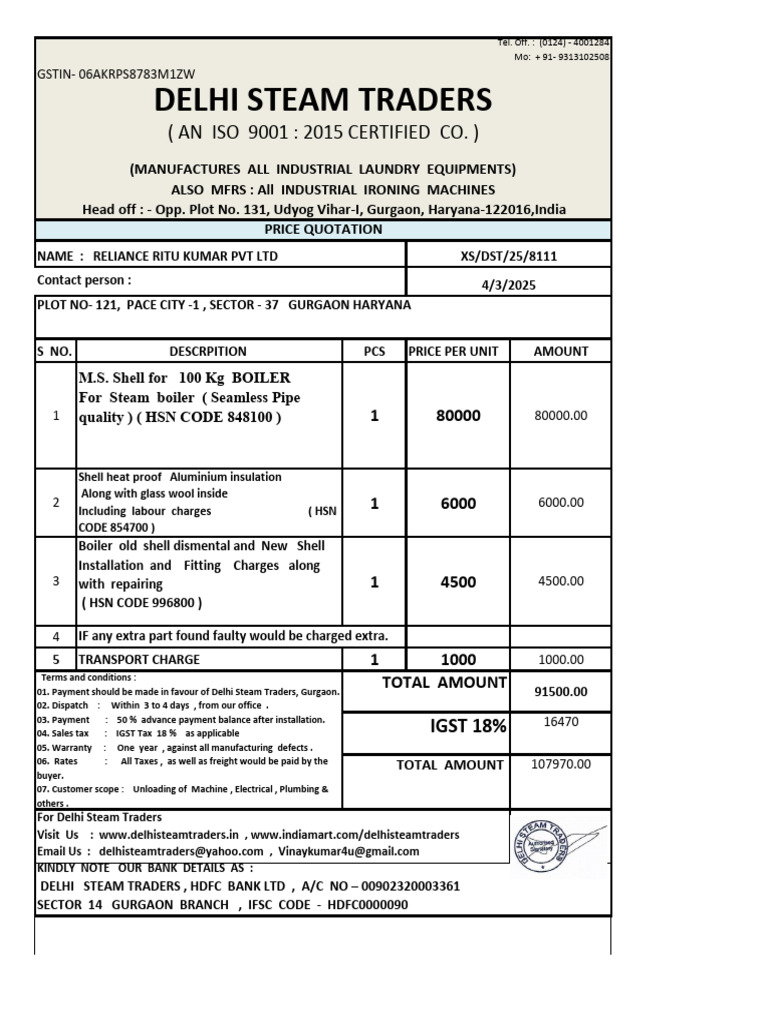 100 KG Diesel Boiler Shell (03 April 2025) Reliance Ritu Kumar PVT LTD ...