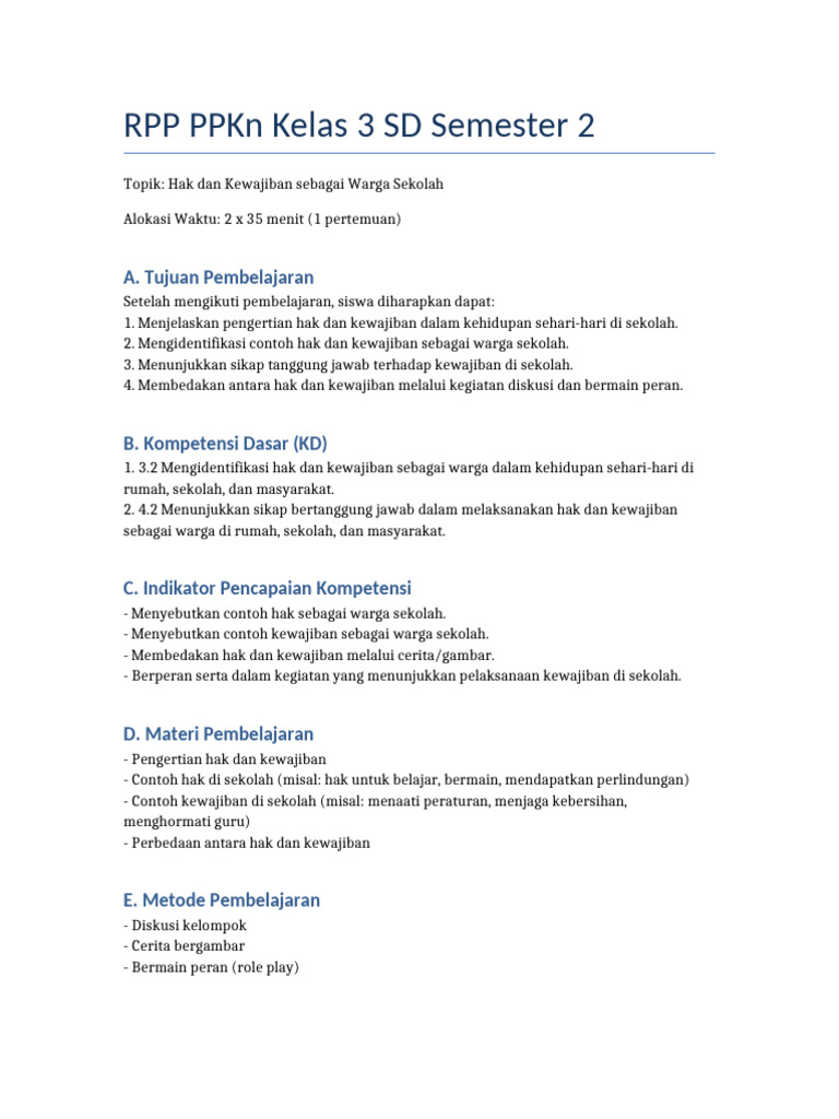 RPP PPKN Kelas 3 Semester 2 Hak Dan Kewajiban | PDF