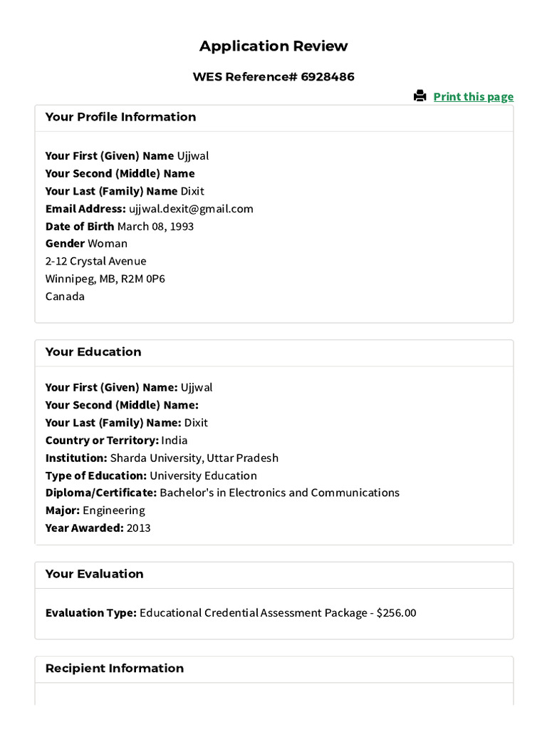 WES Application Review for Ujjwal Dixit | PDF