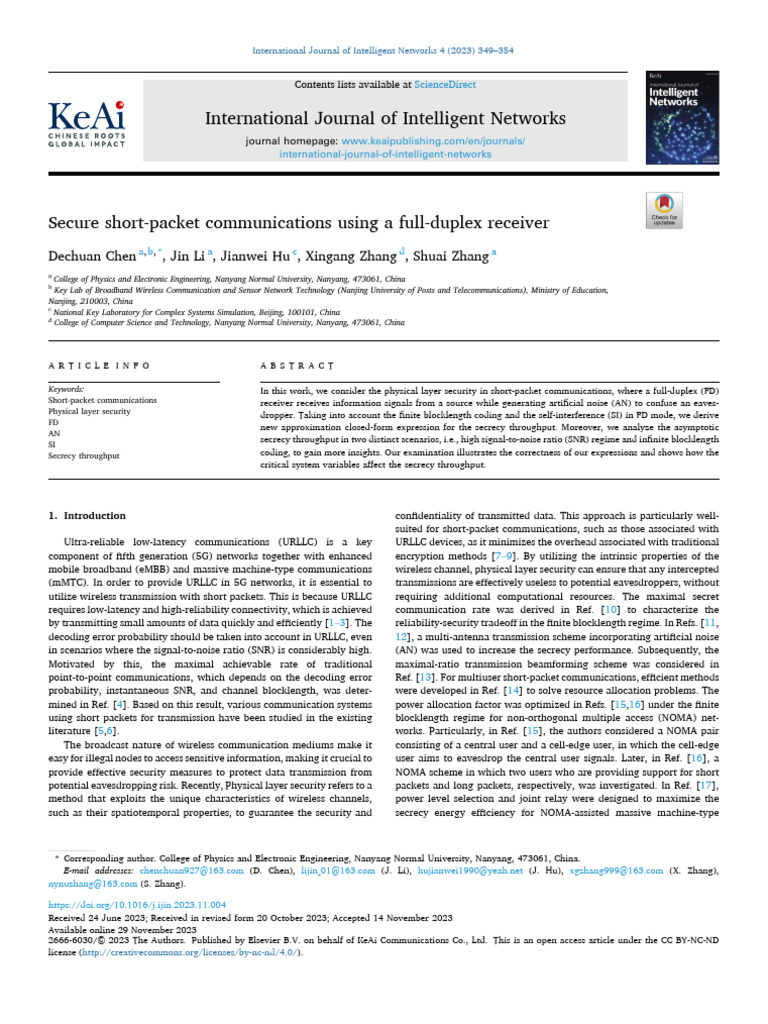 Secure Short Packet Communications Using 2023 International Journal of ...