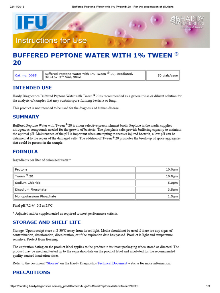 Tween 20 Buffered Peptone Water Guide | PDF | Infection | Microbiology