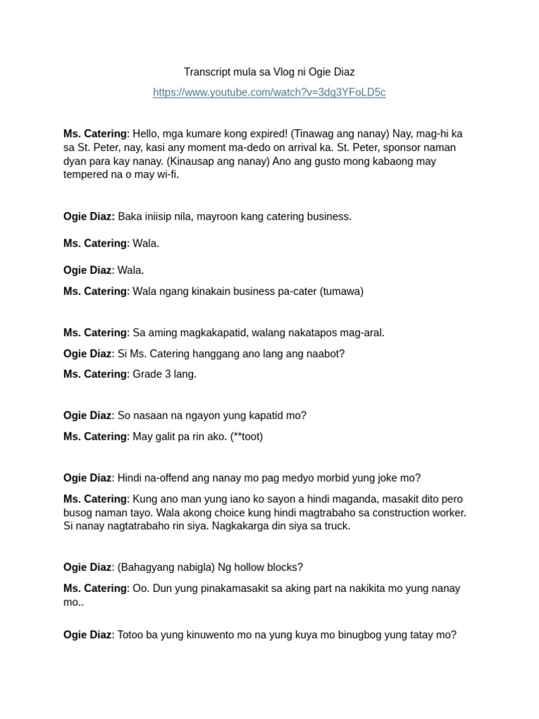 Transcript Mula Sa Vlog Ni Ogie Diaz | PDF