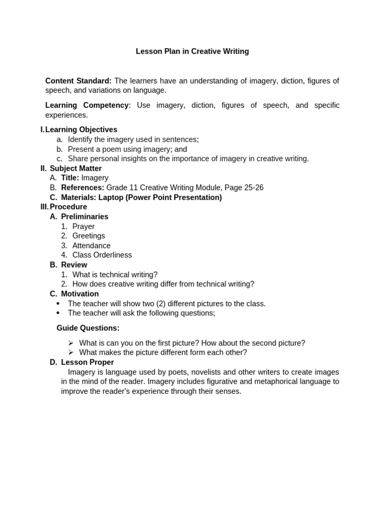 Lesson Plan in Creative Writing | PDF | Taste | Odor