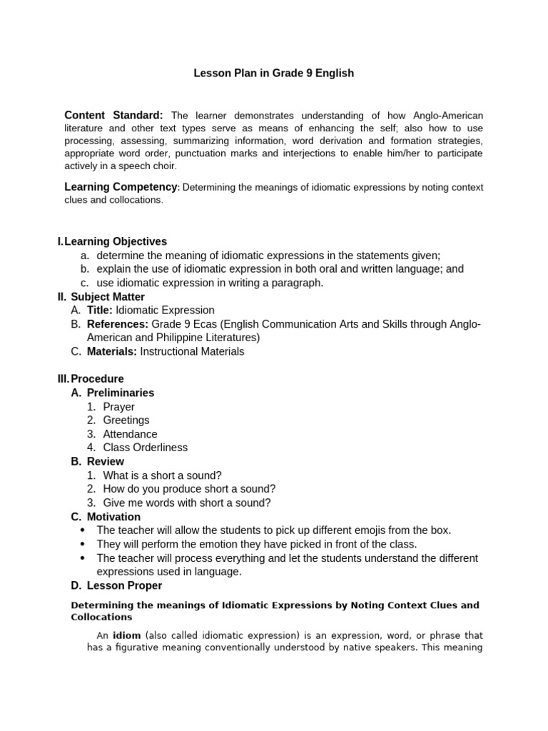 Lesson Plan in Grade 9 English | PDF | Idiom | Cognition