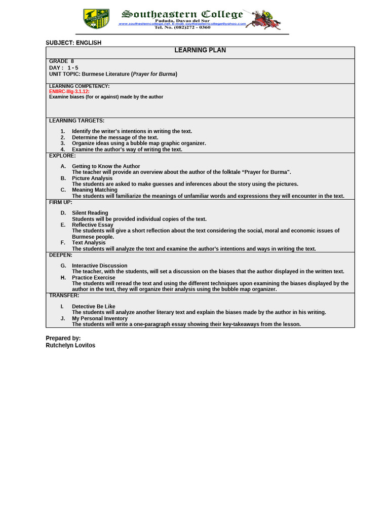 Learning Plan (English 8 Final) | PDF
