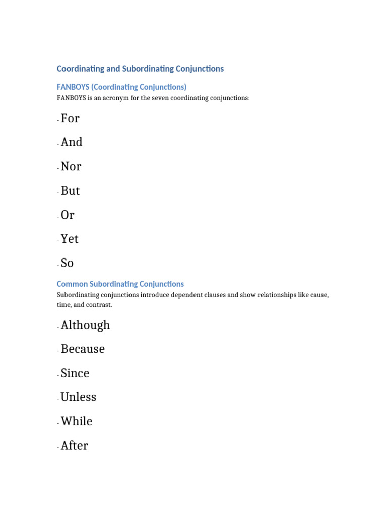 Conjunctions FANBOYS Subordinating Size20 | PDF