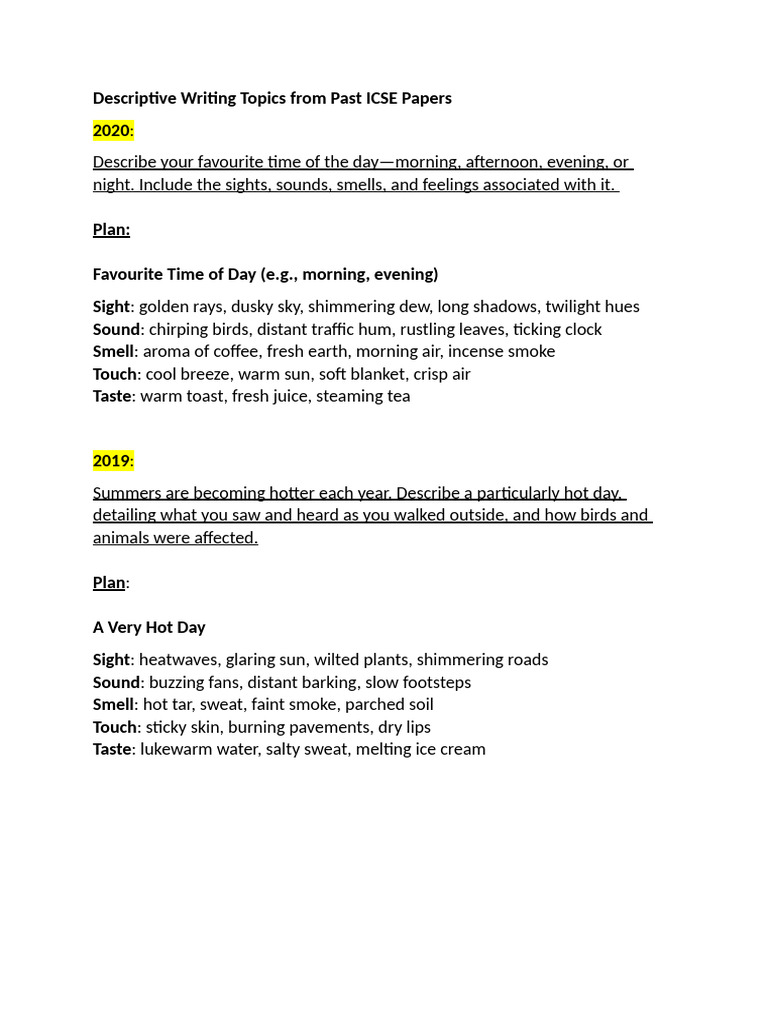 Descriptive Writing Topics from Past ICSE Papers | PDF