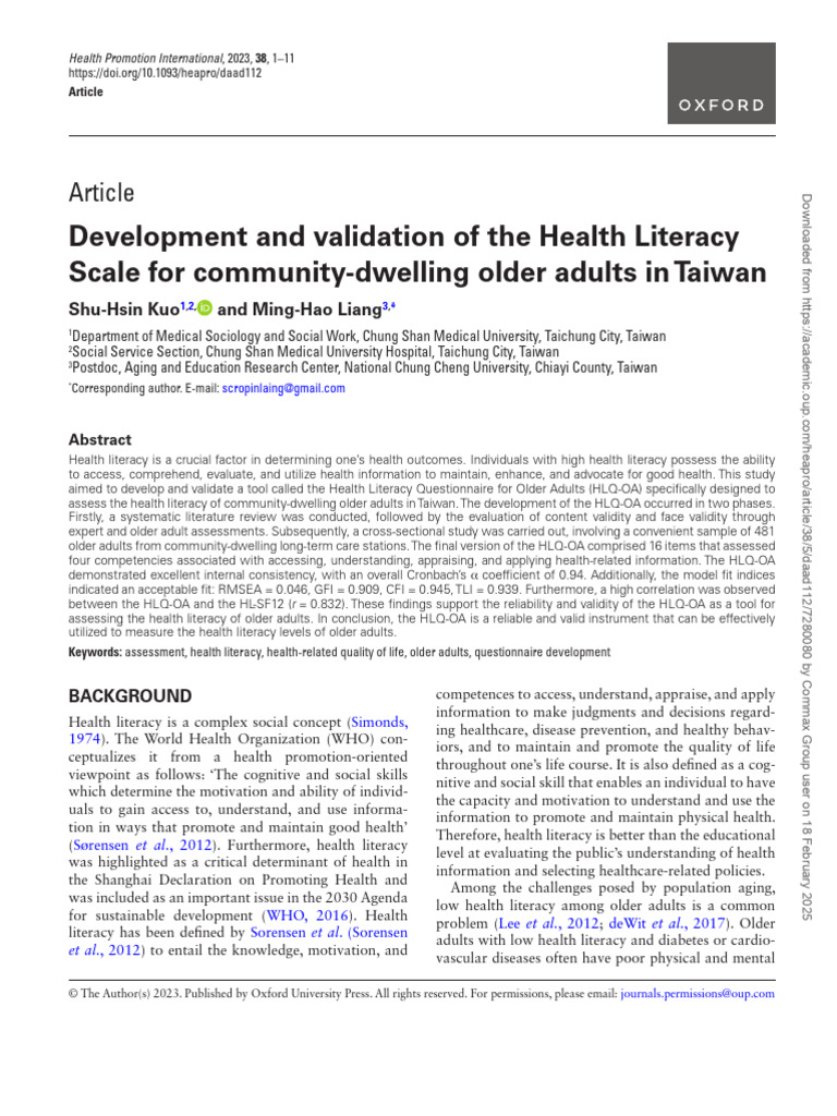 Development and Validation of The Health Literacy Scale For Community-Dwelling Older Adults in ...