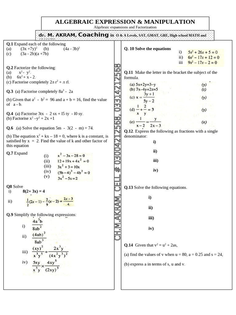 ALGEBRAIC EXPANSION AND FACTORISATION - Copy | PDF | Factorization | Speed