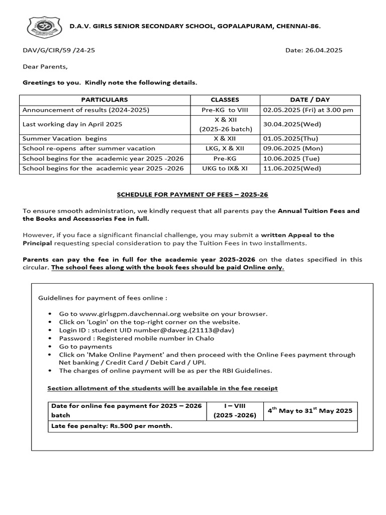 Final Fee Circular - 2025-26 | PDF | Fee