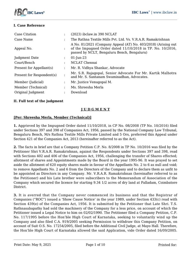 The Rathna Textile Mills PVT LTD Vs V R A R Ramakrishnan Nclat Chennai ...