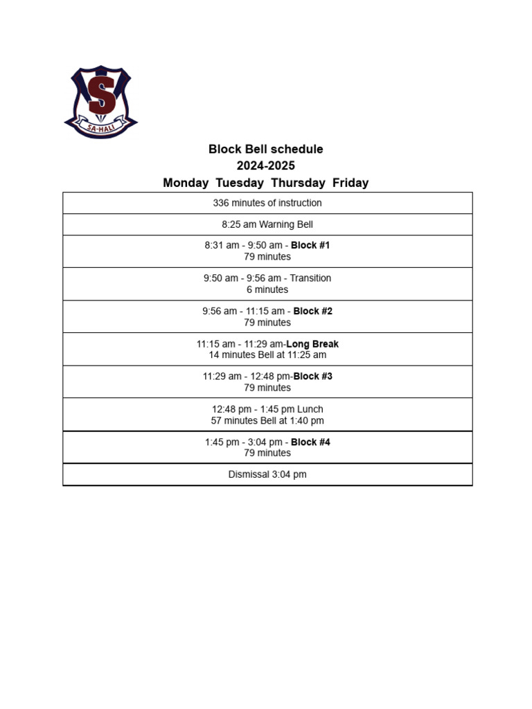 2024-2025 Block Bell Schedule | PDF