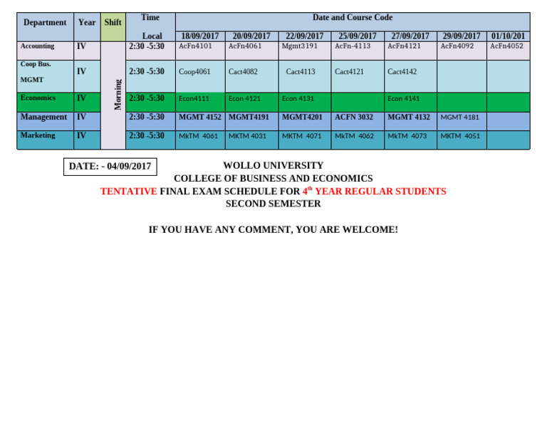 Tentative Final Exam Schedule FOR 4th Year Regular Students, 2017 | PDF