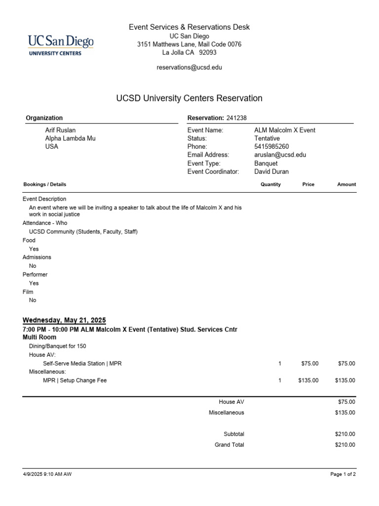 UCSD Event Reservation Details | PDF