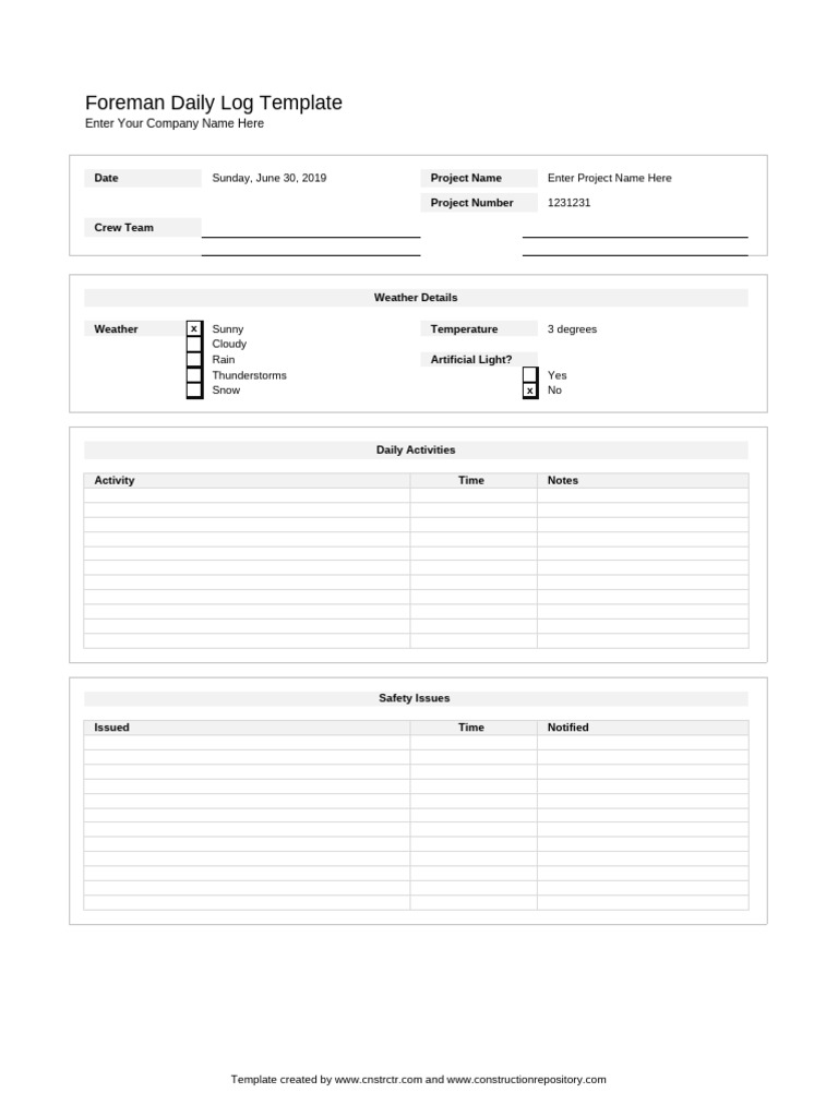 Foreman Daily Log Template B5ougz | PDF