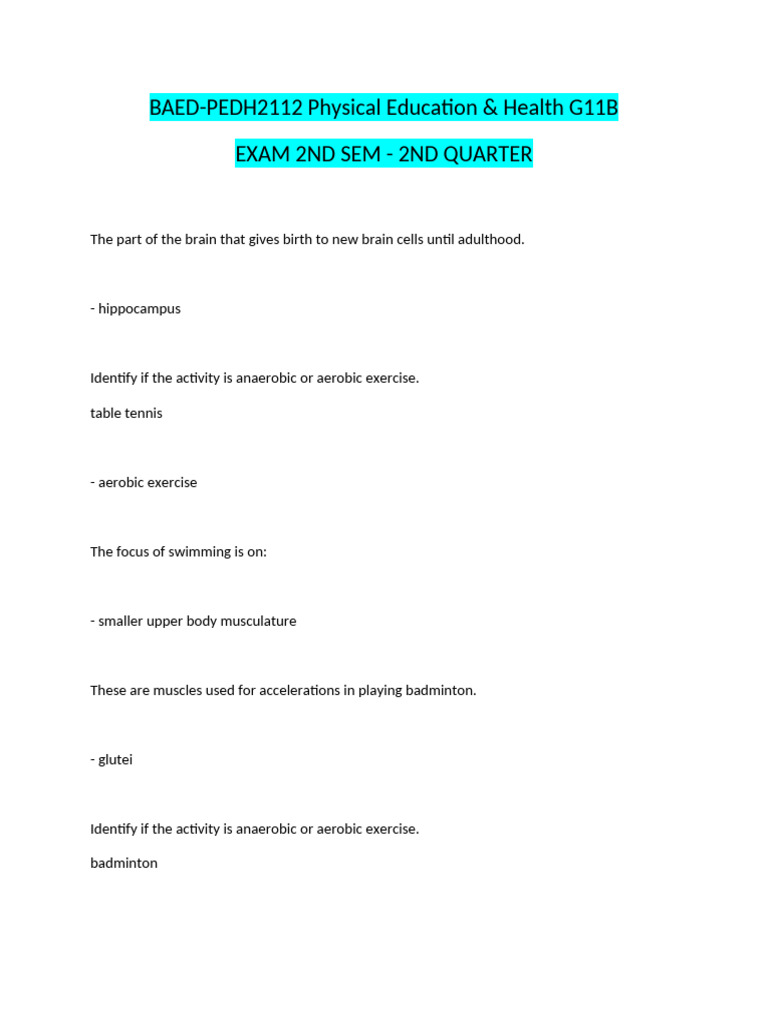 Physical Education & Health Exam G11B | PDF | Aerobic Exercise ...