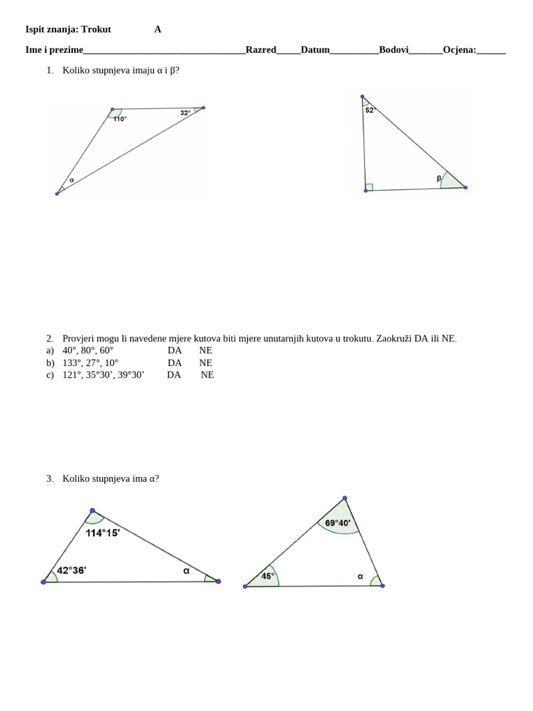 Ispit Znanja - Trokut - 6.r - 2023 | PDF