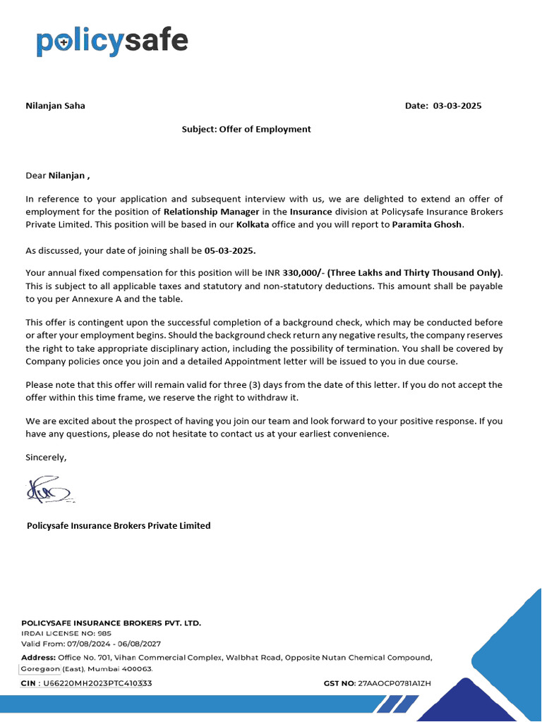 Offer Letter - PS - Nilanjan Saha | PDF | Salary | Identity Document