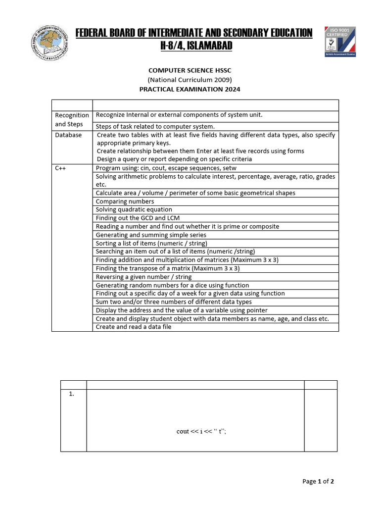 HSSC Computer Science List of Practical and Questions | PDF | Matrix (Mathematics) | Computer ...