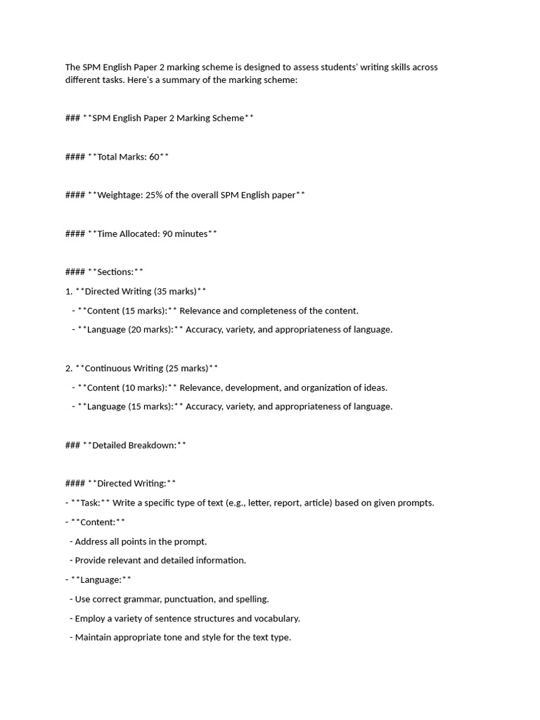 The SPM English Paper 2 Marking Scheme Is Designed To Assess Students | PDF
