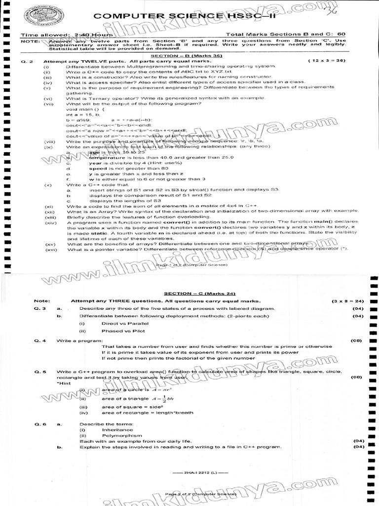 Past Paper 2022 Federal Board Inter Part II Computer Science Group II Subjective Both Medium | PDF