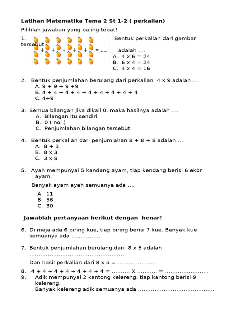 Latihan Matematika Tema 2 ST 1 | PDF