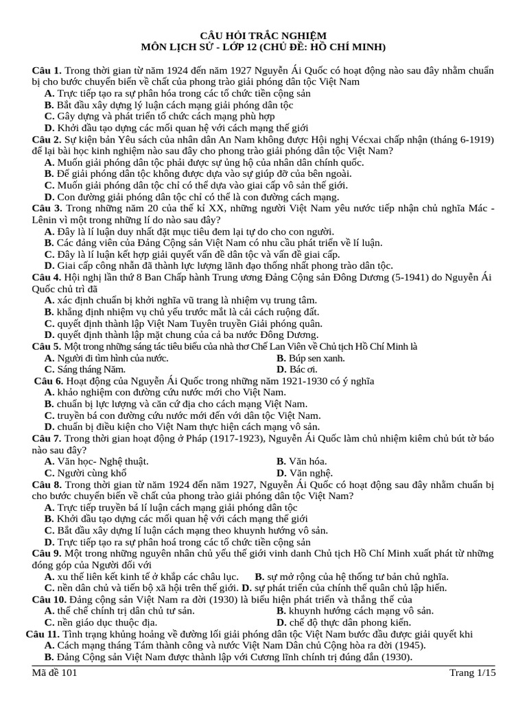 De cuong on thi Bo cau trac nghiem su 12 chu de Ho Chi Minh | PDF
