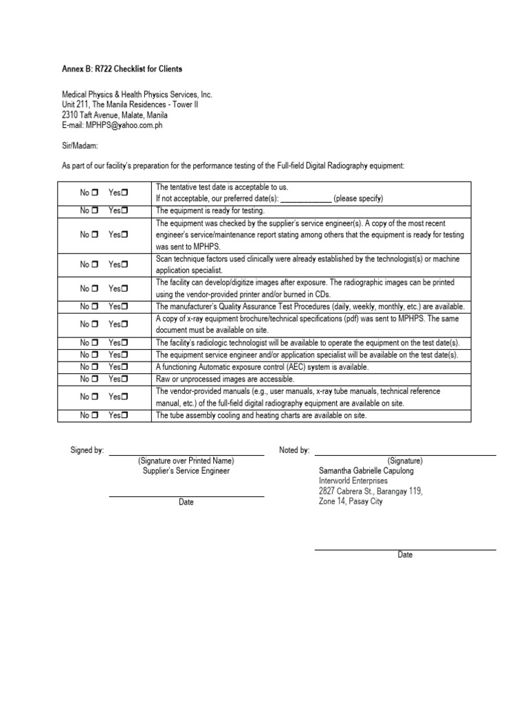 R722-FFDR2 - Checklist For Clients | PDF | Radiography
