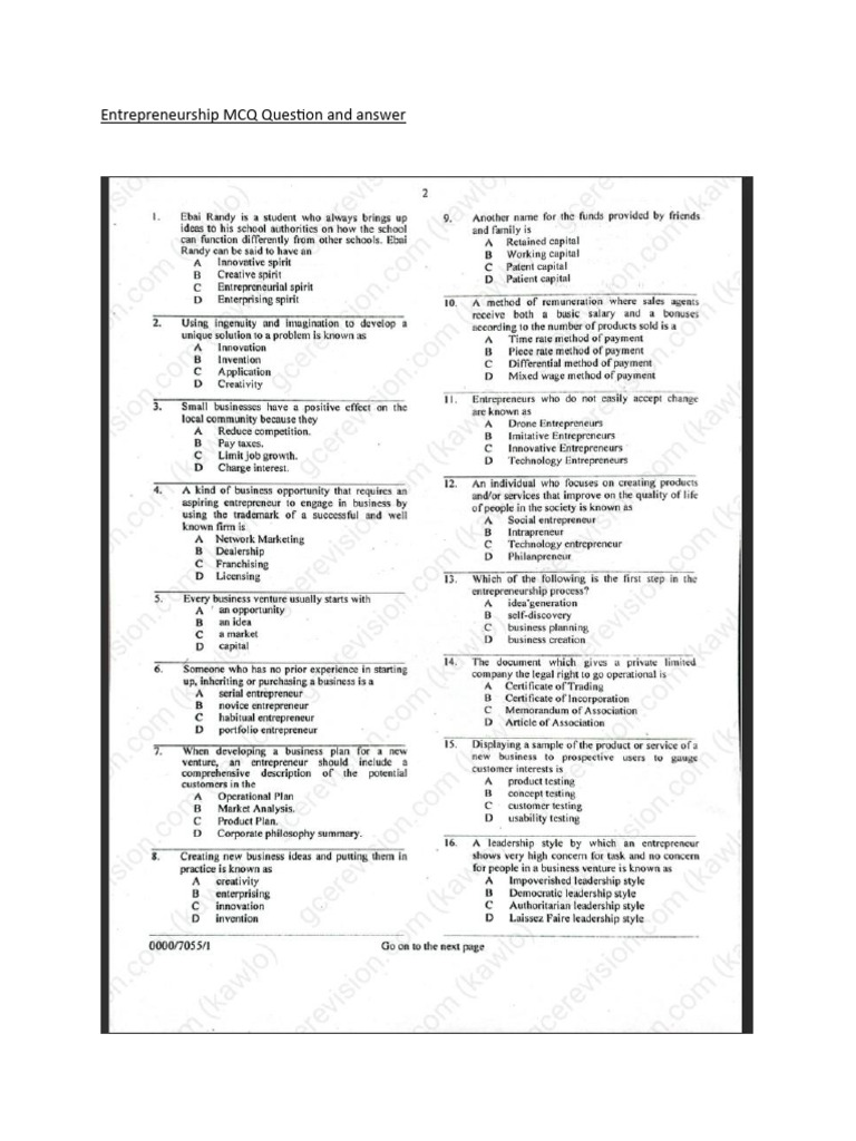 Entrepreneurship MCQ Question and Answers | PDF | Entrepreneurship | Internal Rate Of Return