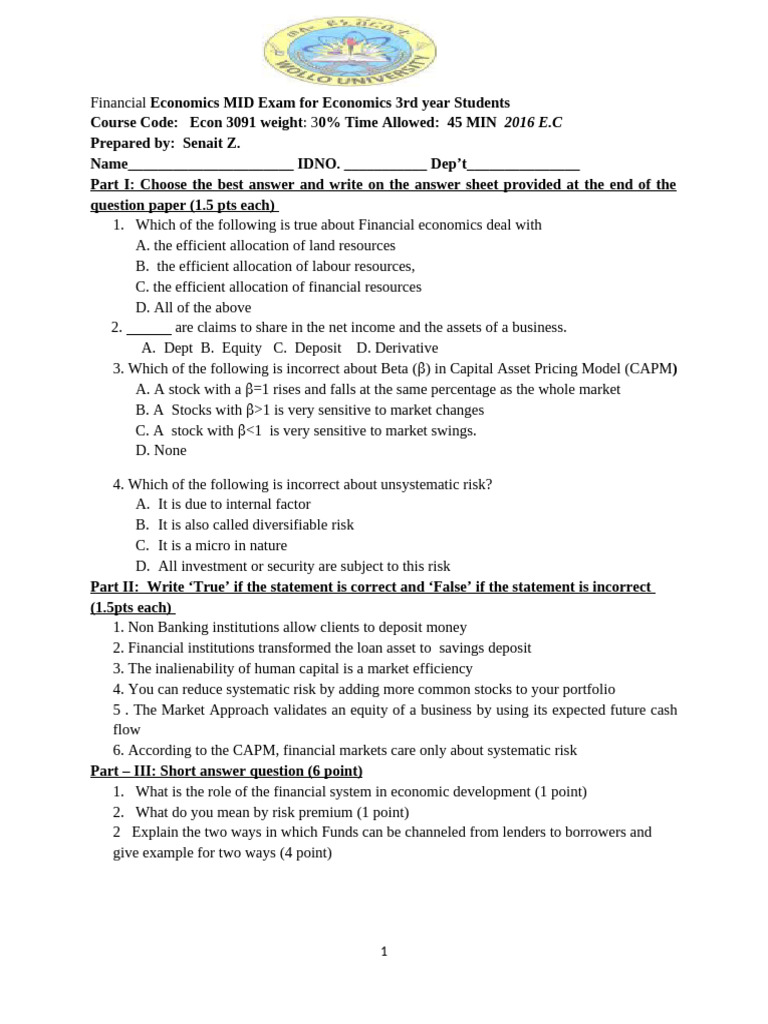 Financial Economics MID Exam | PDF | Financial Economics | Economies