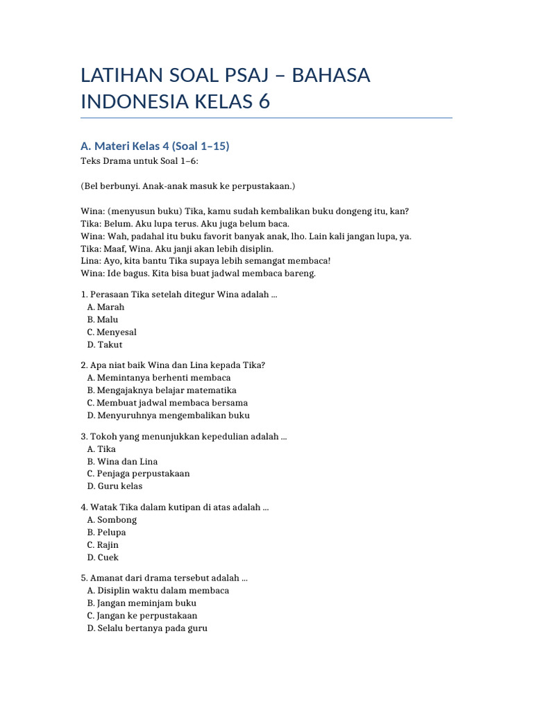 Latihan Soal PSAJ Bahasa Indonesia Kelas 6 | PDF