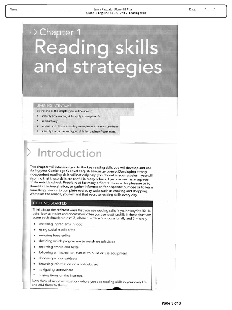 Grade 8 English Reading Skills Unit | PDF