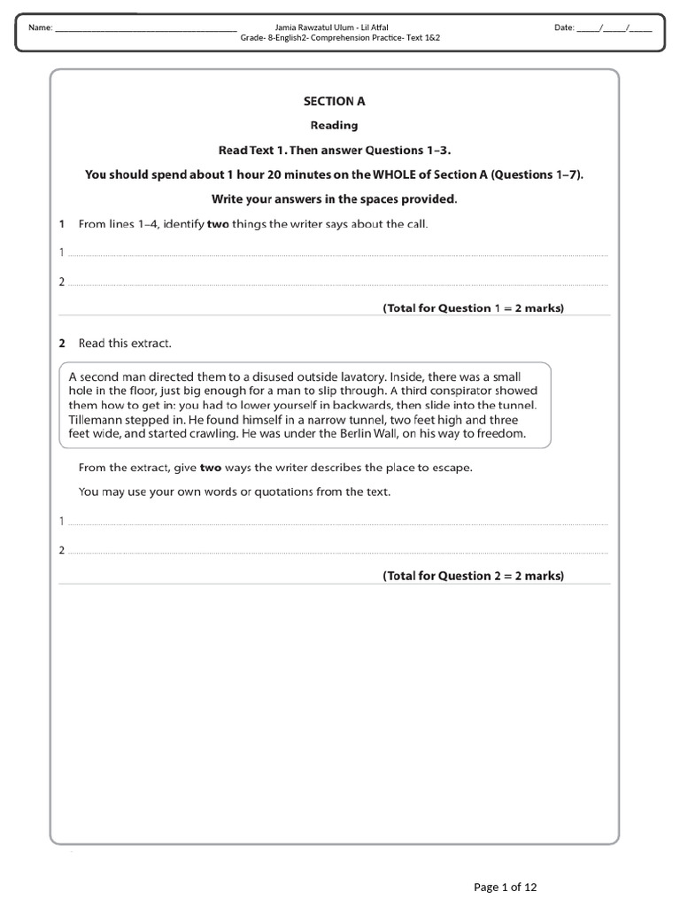 Comprehension Text 1&2 Question Papers | PDF
