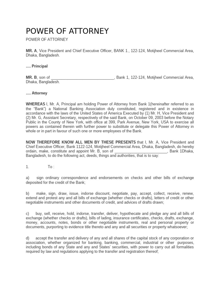 Power of Attorney Document Template | PDF | Securities (Finance) | Banks