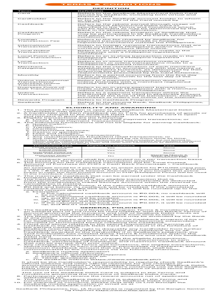 SeaBank Debit Card Terms and Conditions | PDF | Credit Card | Debit Card