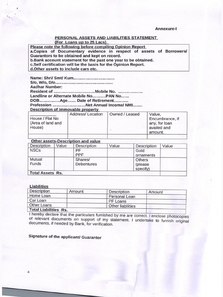 Sbi Asset Liability Form | PDF