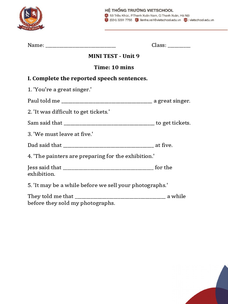 Reported Speech Mini Test Exercises | PDF