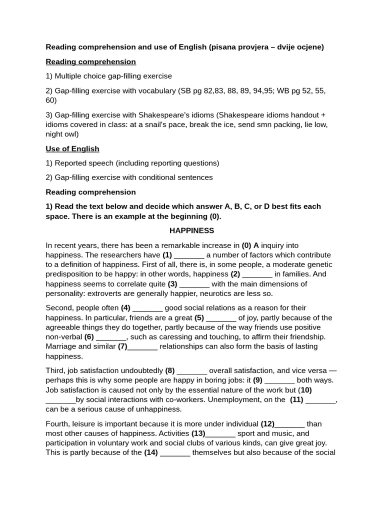 Reading Comprehension and Use of English Rundown | PDF | Happiness