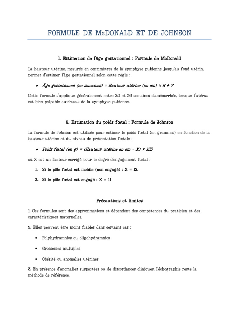 Estimation fœtale : Formules McDonald & Johnson | PDF